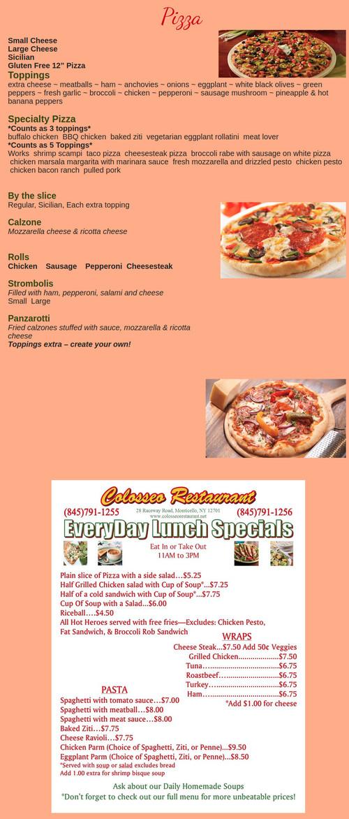 Colosseo menu in Monticello, New York, USA