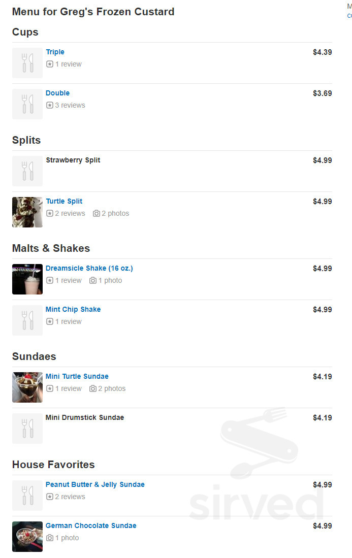 Greg's Frozen Custard menu in Mundelein, Illinois, USA