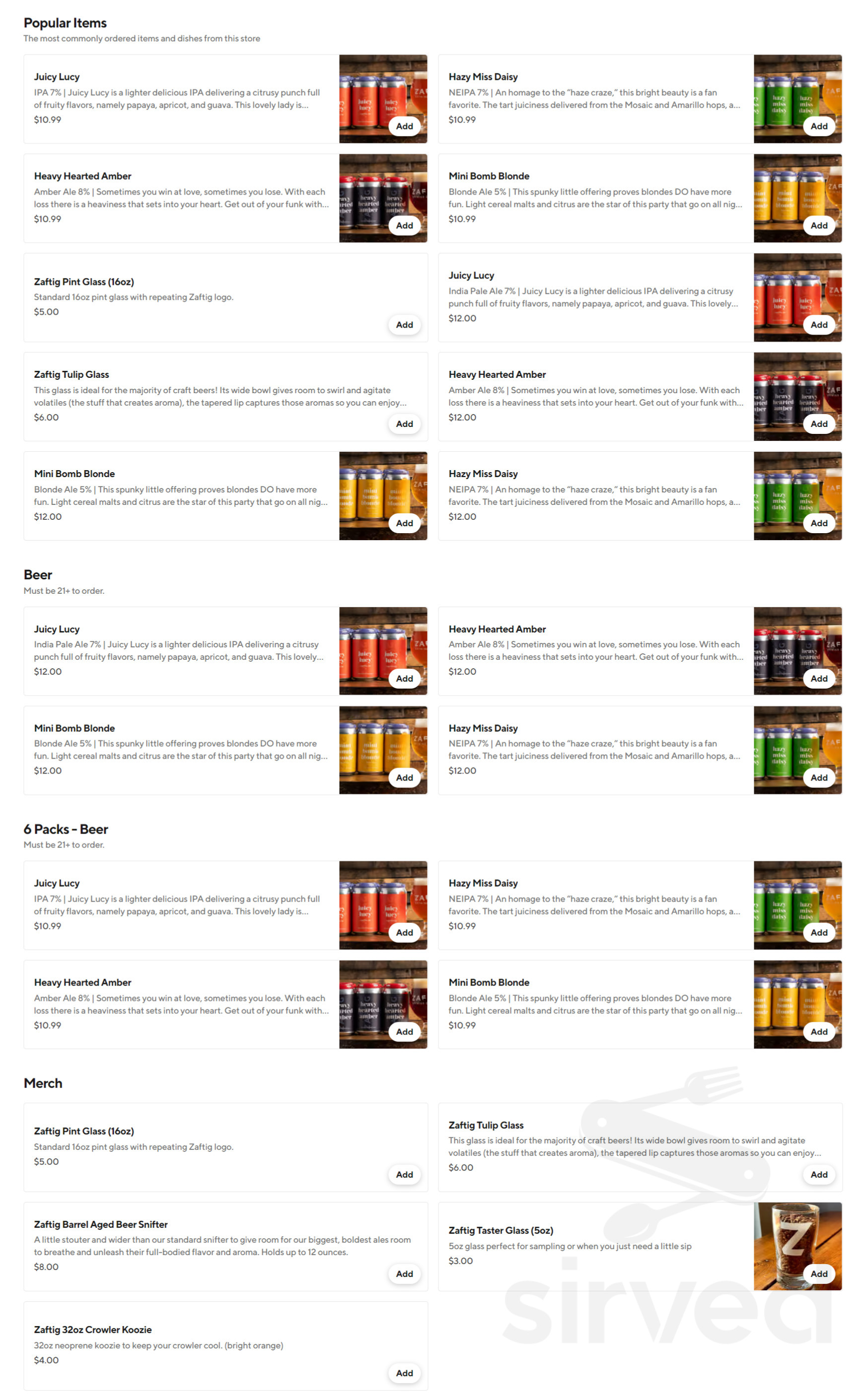 Menu for Zaftig Brewing Co & Taproom in Worthington, OH | Sirved