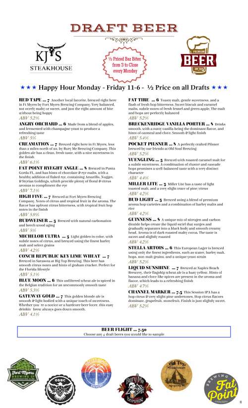 KJ's Steakhouse menu in Fort Myers, Florida, USA