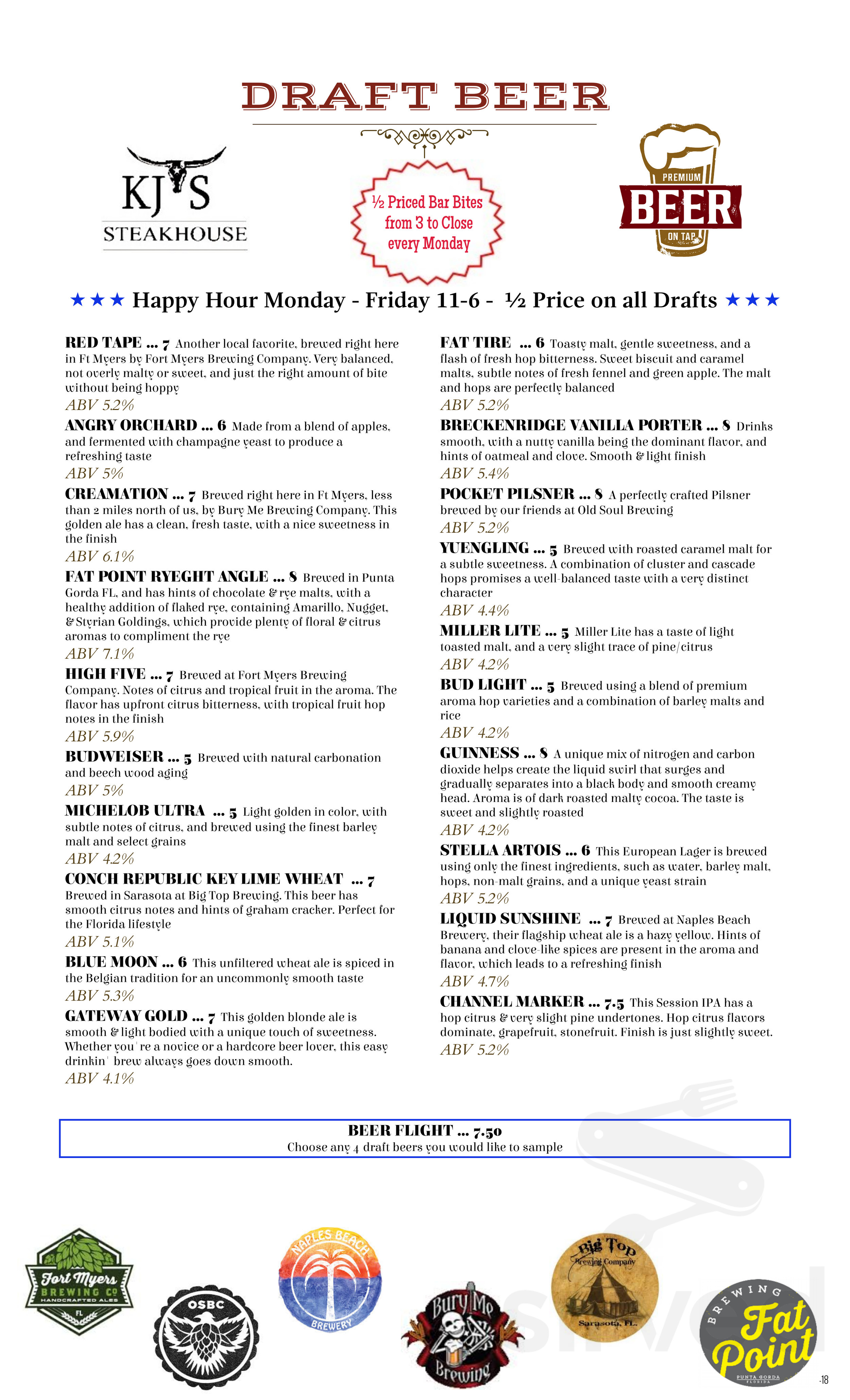 KJ's Steakhouse menu in Fort Myers, Florida, USA