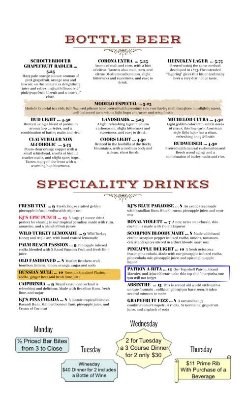 KJ's Steakhouse menu in Fort Myers, Florida, USA