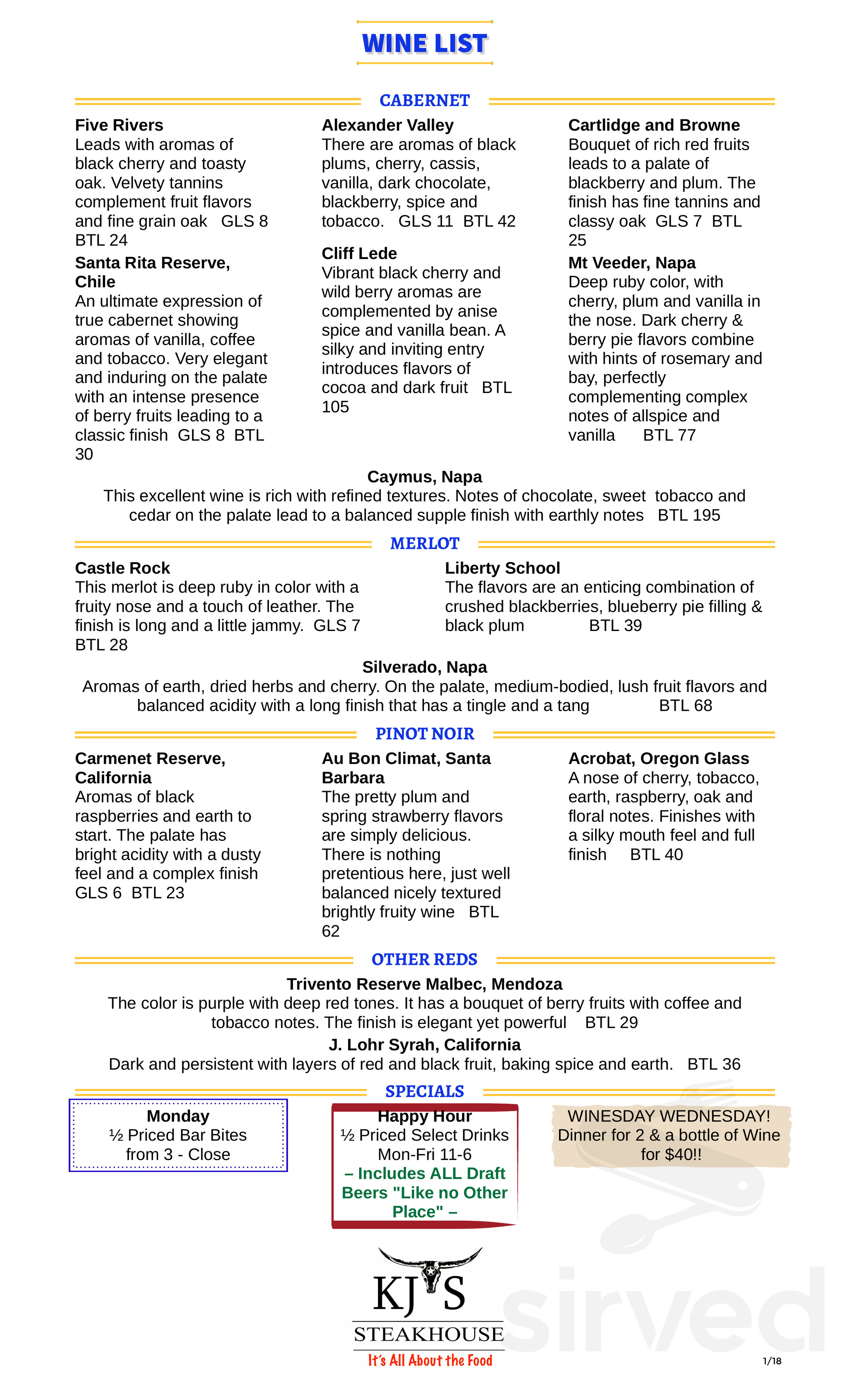 KJ's Steakhouse menu in Fort Myers, Florida, USA