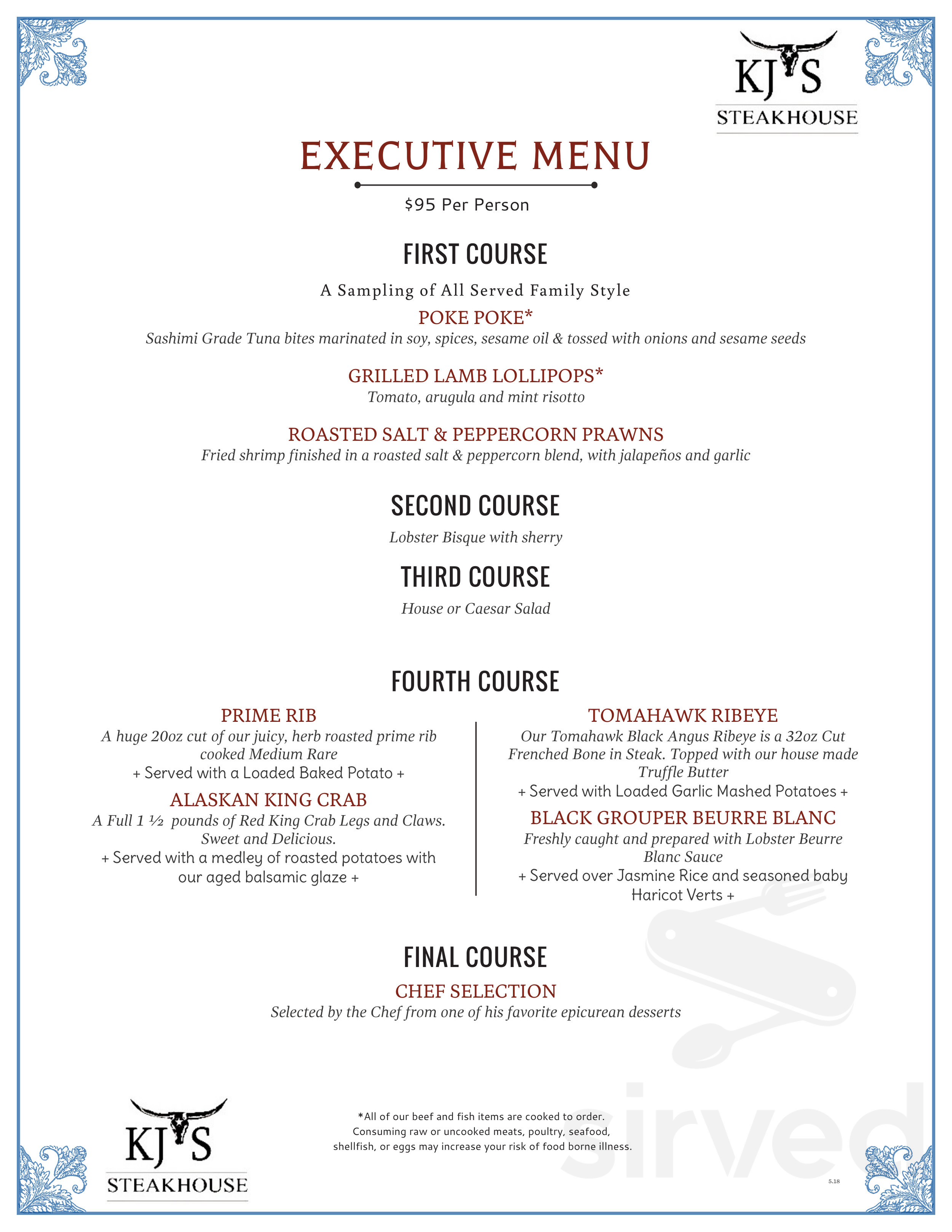 KJ's Steakhouse menu in Fort Myers, Florida, USA