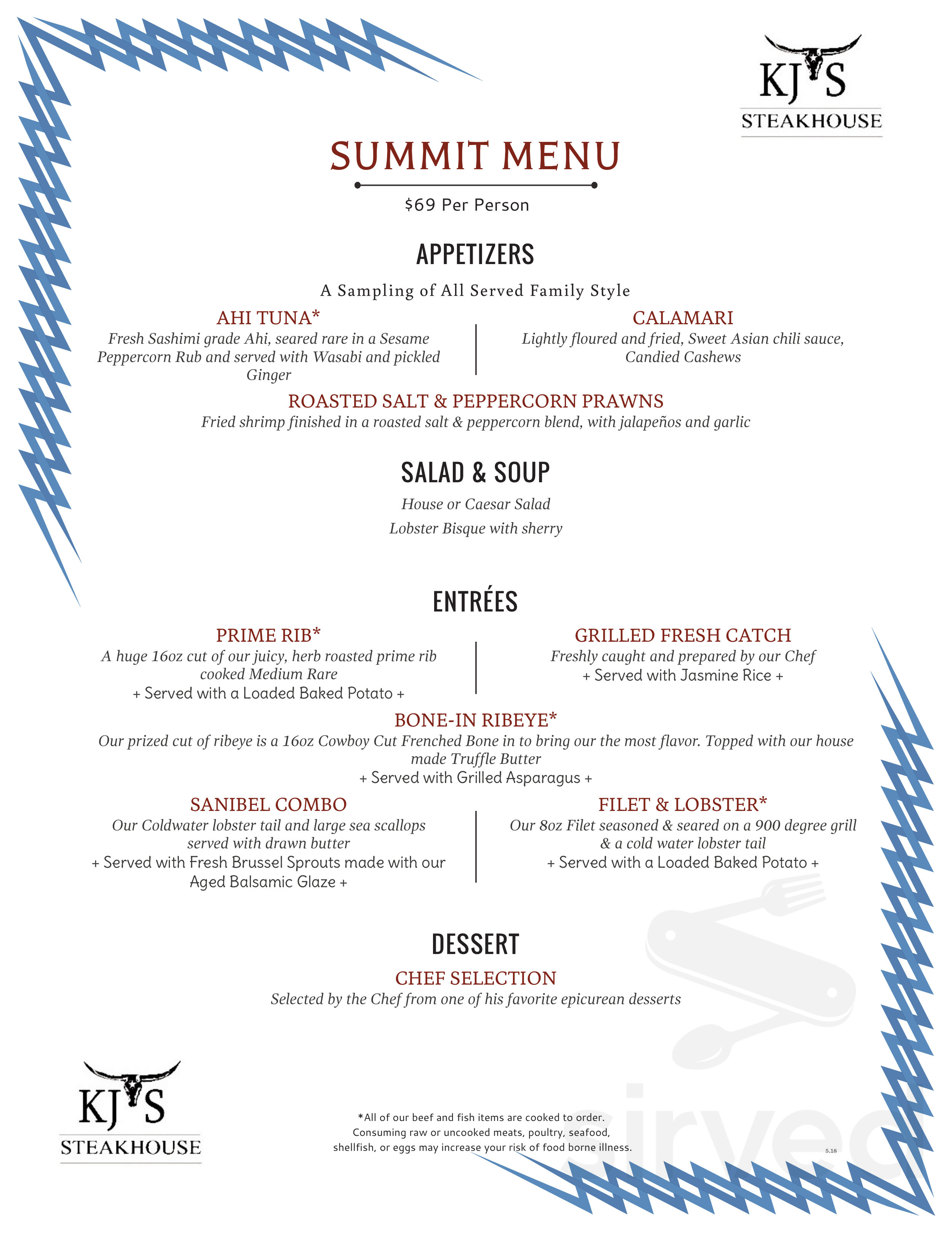 KJ's Steakhouse menu in Fort Myers, Florida, USA