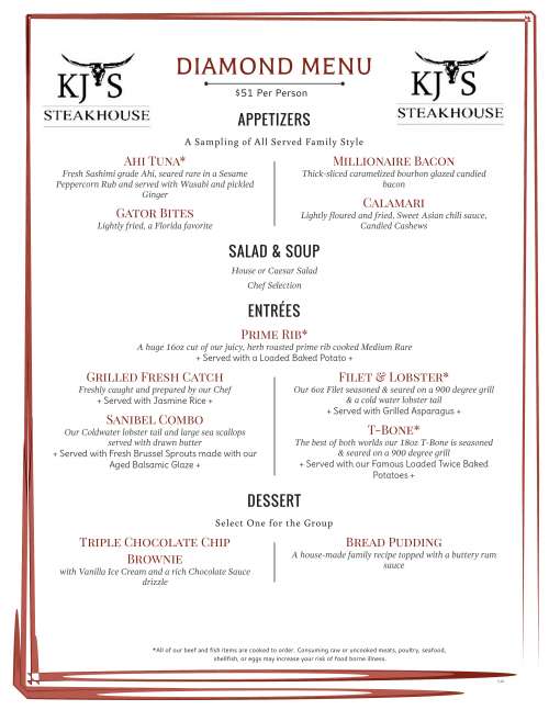 KJ's Steakhouse menu in Fort Myers, Florida, USA