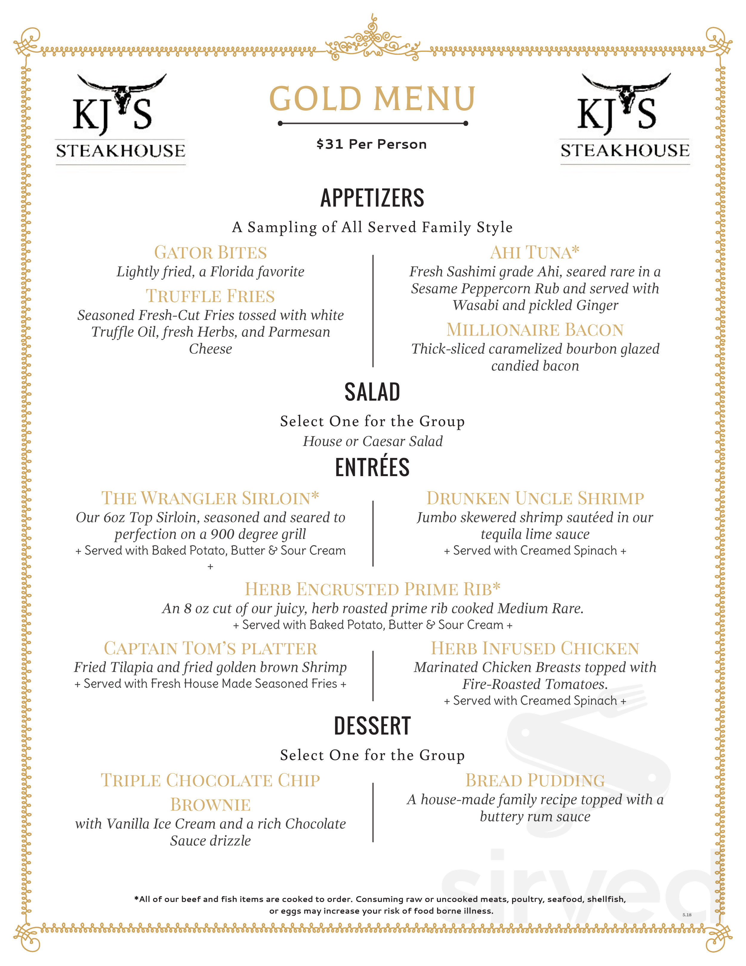 KJ's Steakhouse menu in Fort Myers, Florida, USA