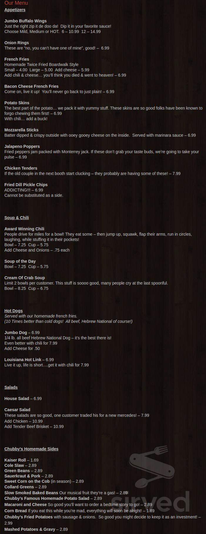 Chubby's Barbeque menu in Emmitsburg, Maryland, USA