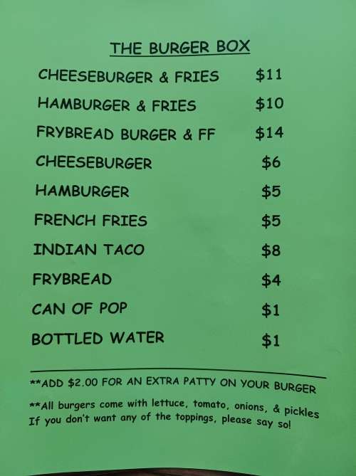 The Burger Box menu in East Glacier Park, Montana, USA