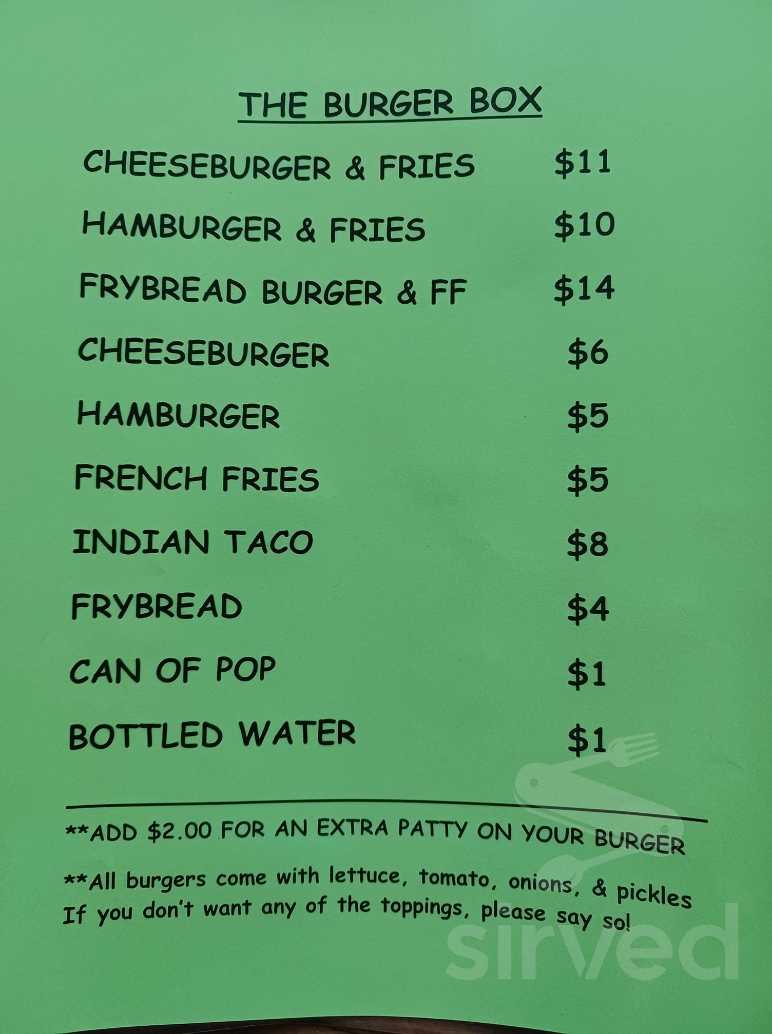 The Burger Box menu in East Glacier Park, Montana, USA