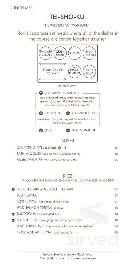 Menu - Nanaimo BC's Nori Japanese Restaurant | Sirved
