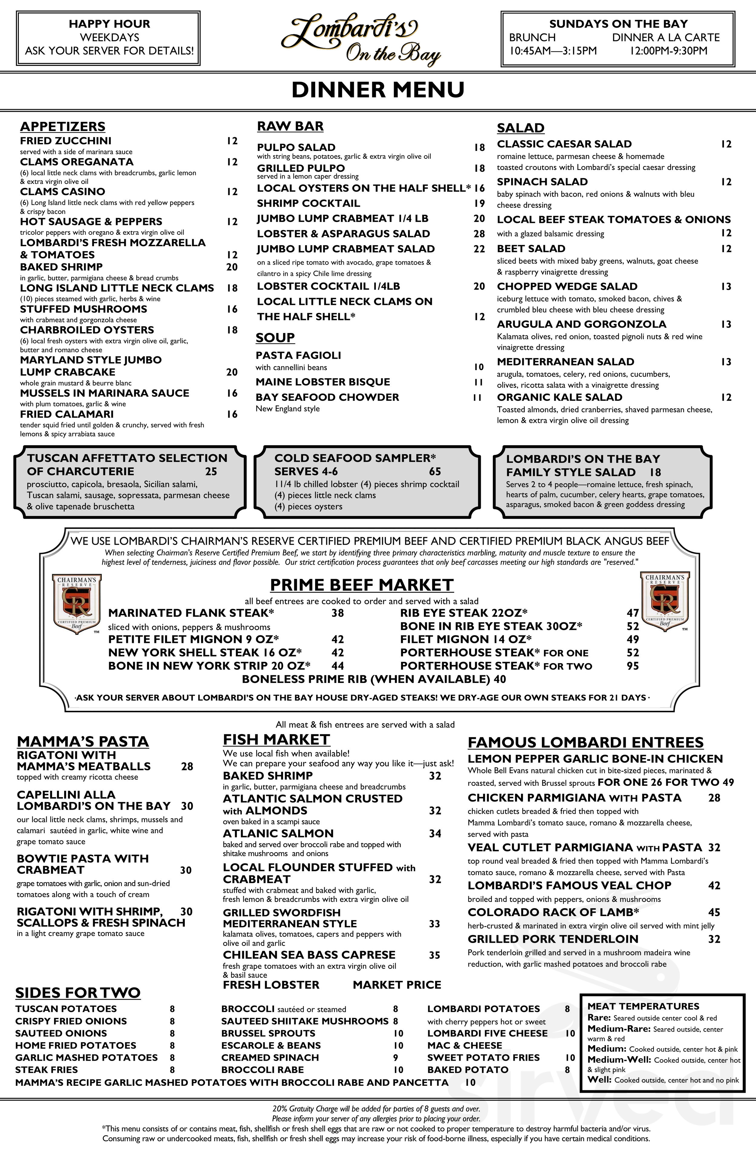 Lombardi's On the Bay menu in Patchogue, New York, USA