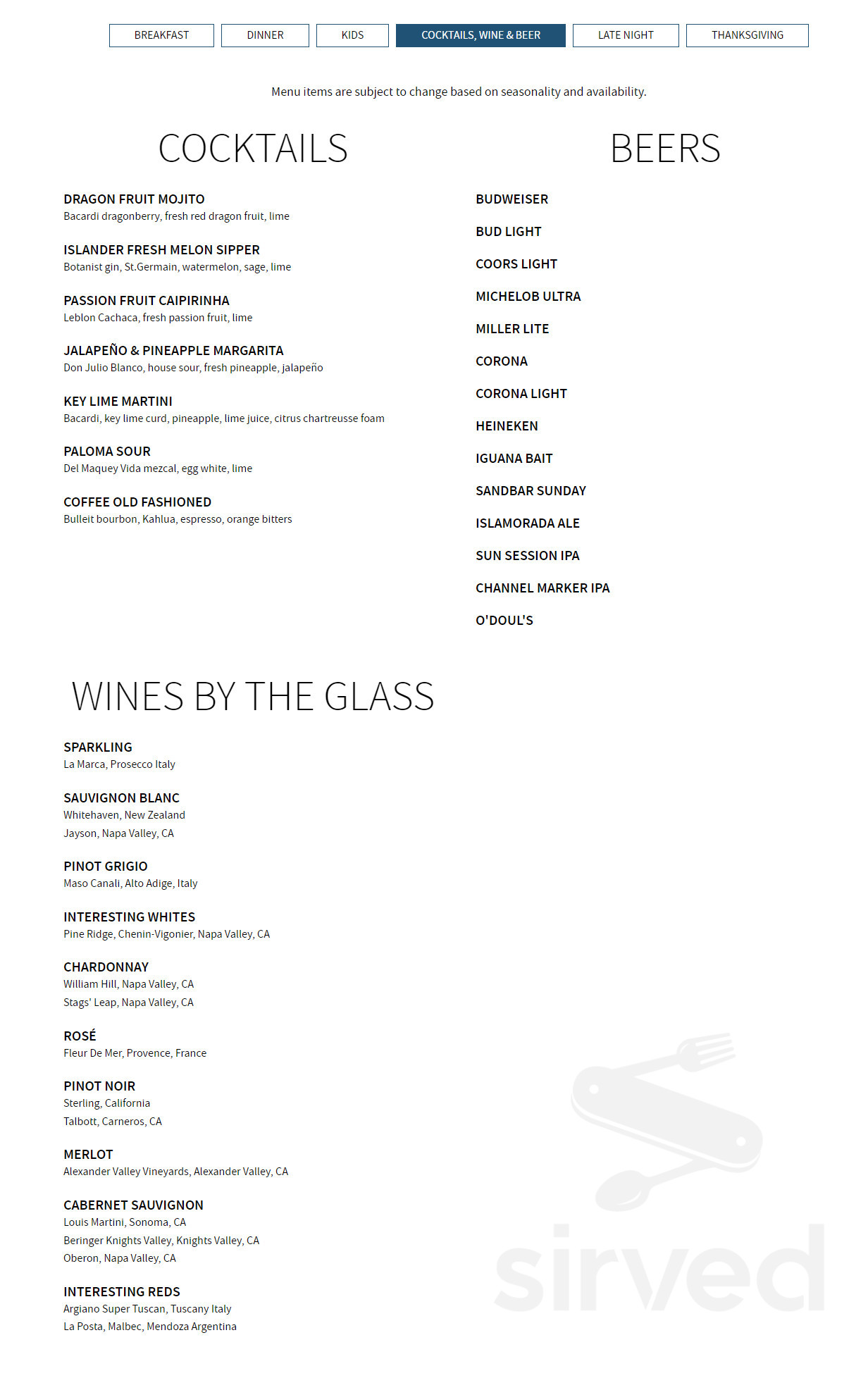 Elements Lounge & Restaurant menu in Islamorada, Florida, USA