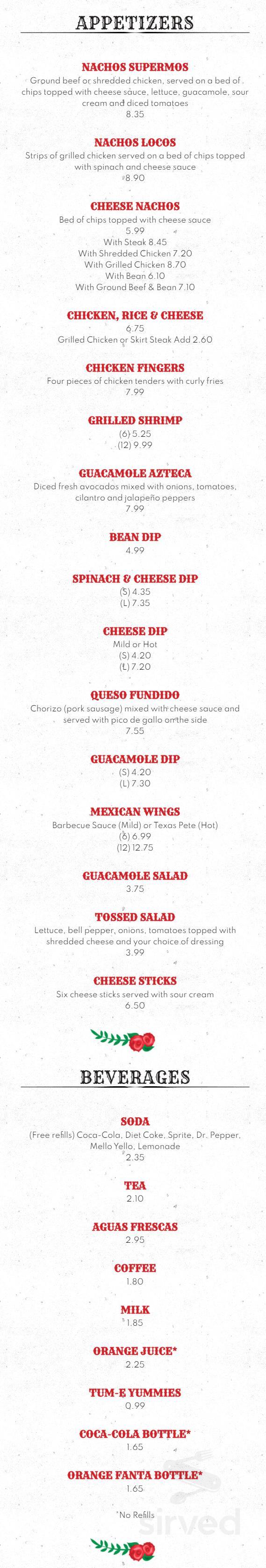 Bronco Mexican Main Street menu in Spartanburg, South Carolina, USA