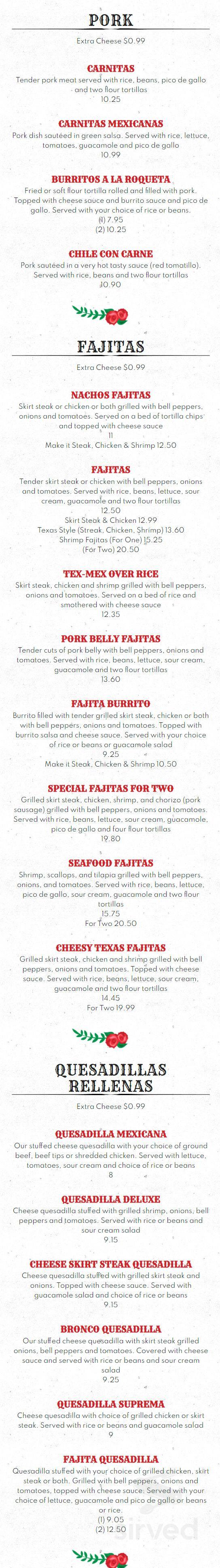 Bronco Mexican Main Street menu in Spartanburg, South Carolina, USA