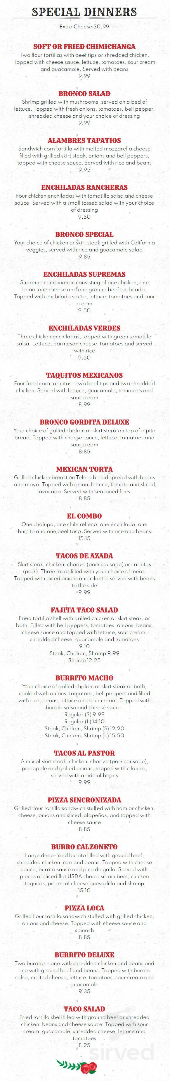 Bronco Mexican Main Street menu in Spartanburg, South Carolina, USA