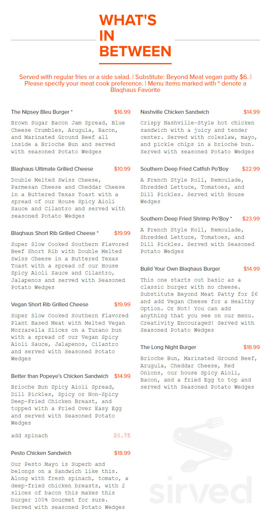 BlaqHaus NoHo menu in North Hollywood, California, USA