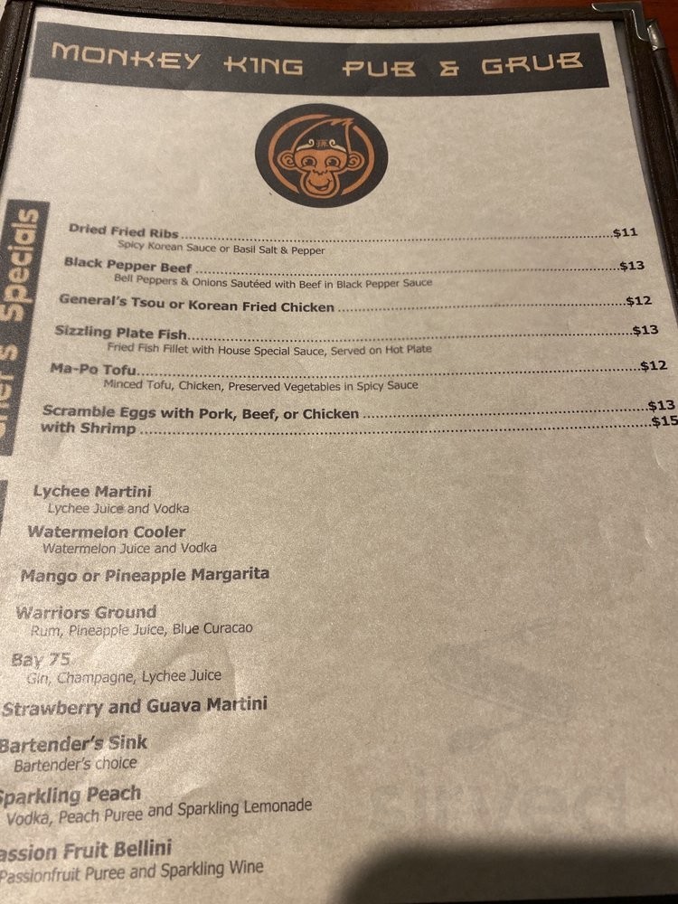 Monkey King Pub & Grub menu in Alameda, California, USA