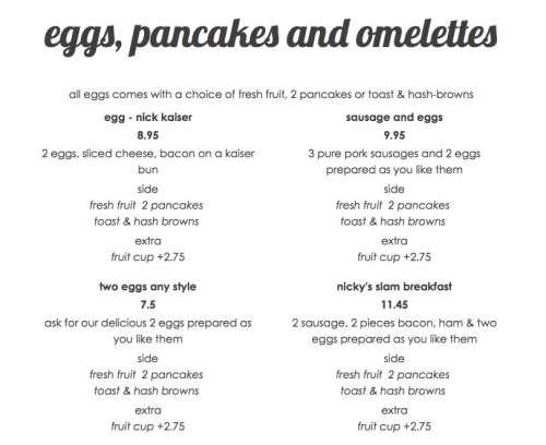 Nicky's Café & Catering menu in Regina, Saskatchewan, Canada