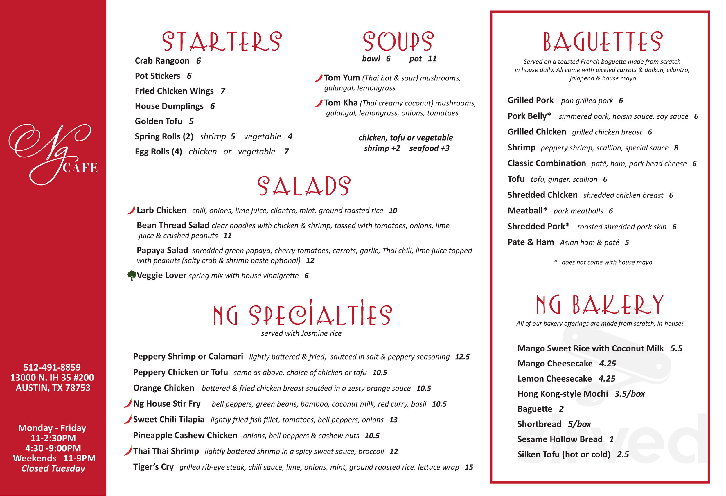 NG Cafe menu in Austin, Texas, USA