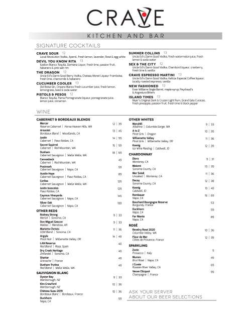 Crave Kitchen & Bar menu in Eagle, Idaho, USA