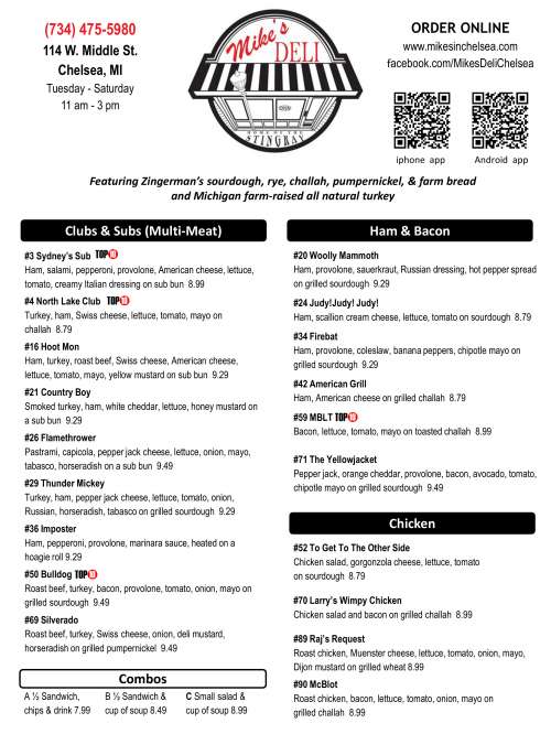 Mike's Deli menu in Chelsea, Michigan, USA