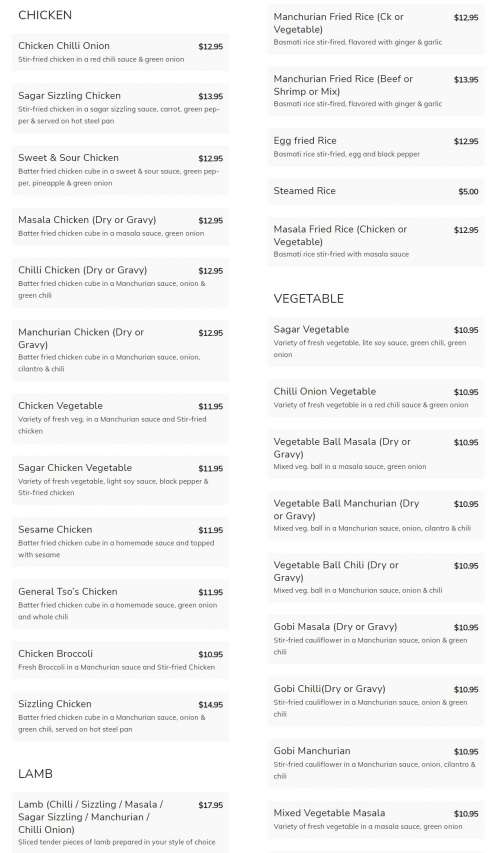 Sagar Chinese menu in Queens, New York, USA