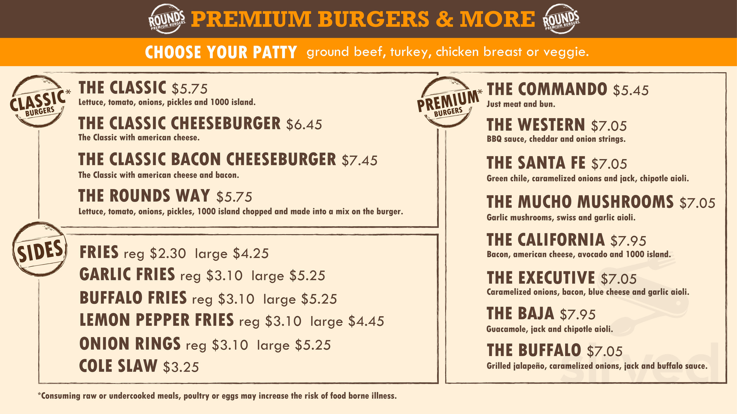 Rounds Premium Burgers menu in Pasadena, California, USA
