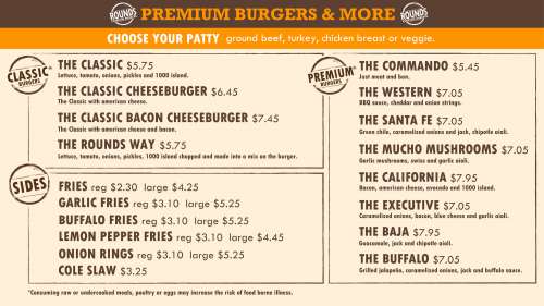 Rounds Premium Burgers menu in Pasadena, California, USA