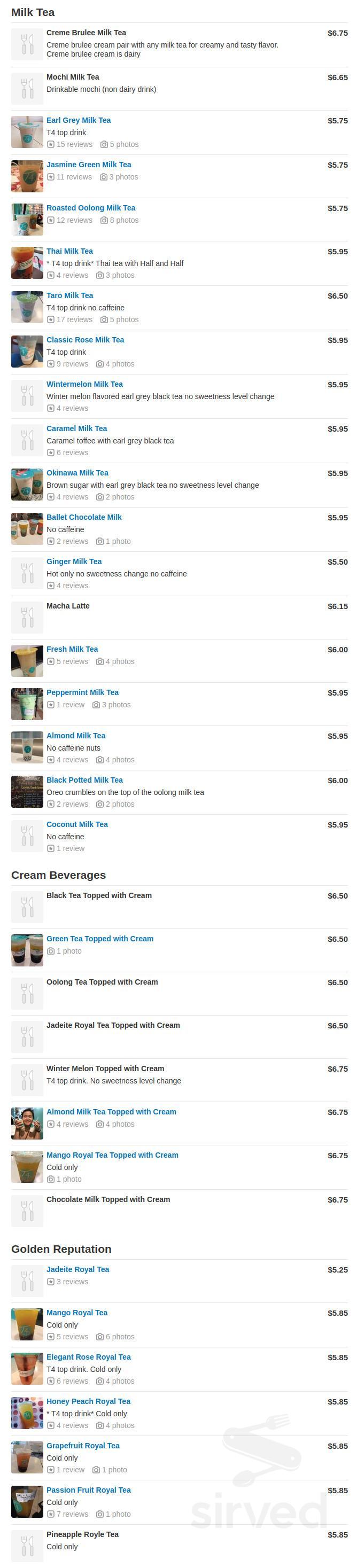 T4 menu in Palo Alto, California, USA