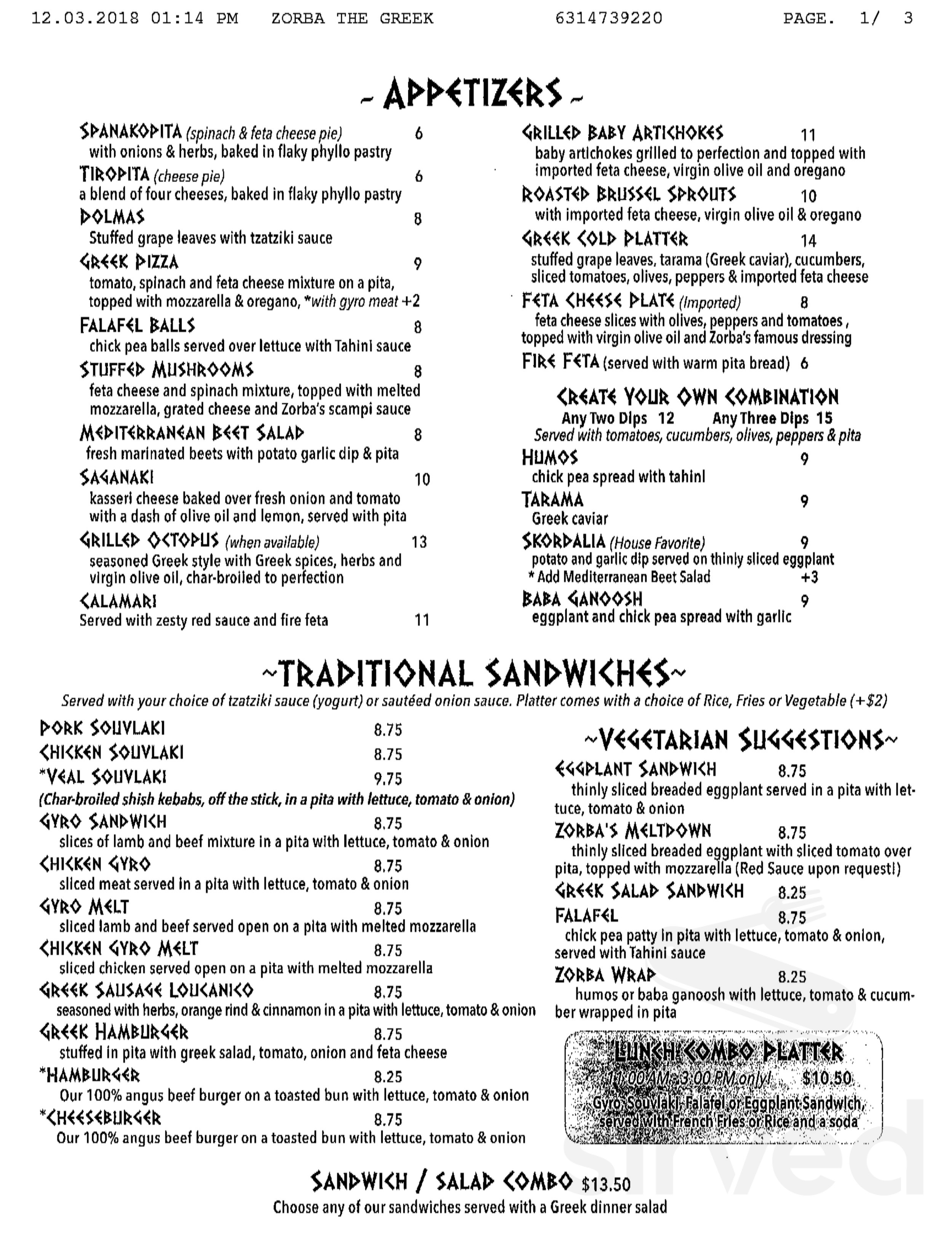 Zorba the Greek menu in Port Jefferson Station, New York, USA