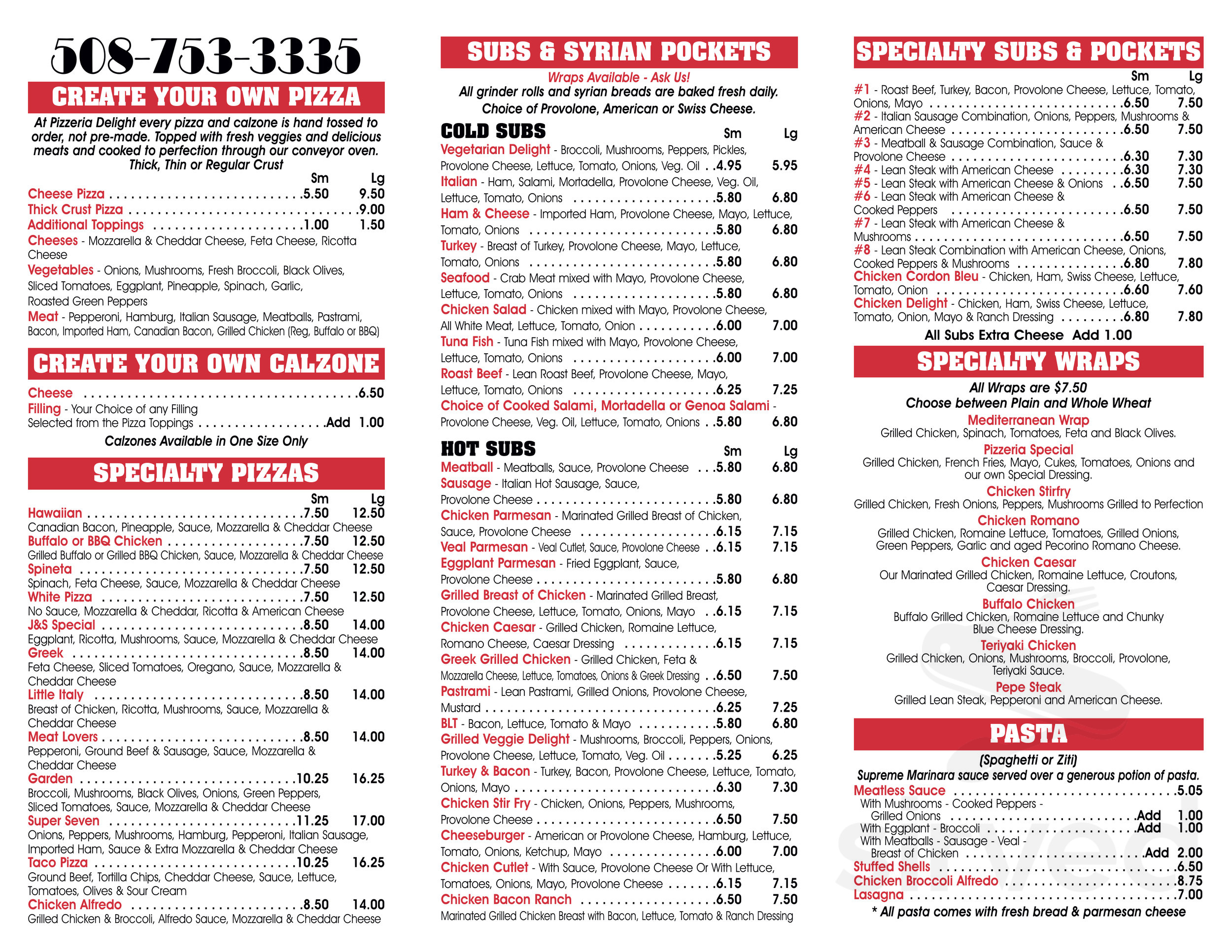 Menu - Worcester MA's Pizzeria Delight | Sirved