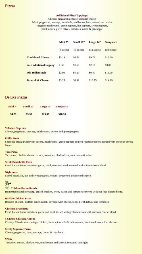 Valerio's Italian Restaurant & Pizzeria menu in Erie, Pennsylvania, USA