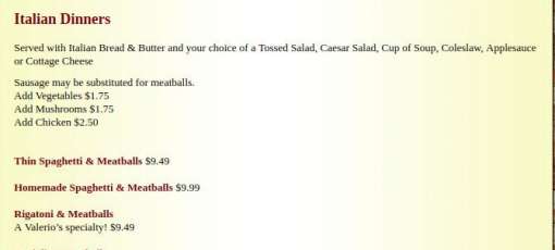Menu for Valerio's Italian Restaurant & Pizzeria - Erie, PA | Sirved
