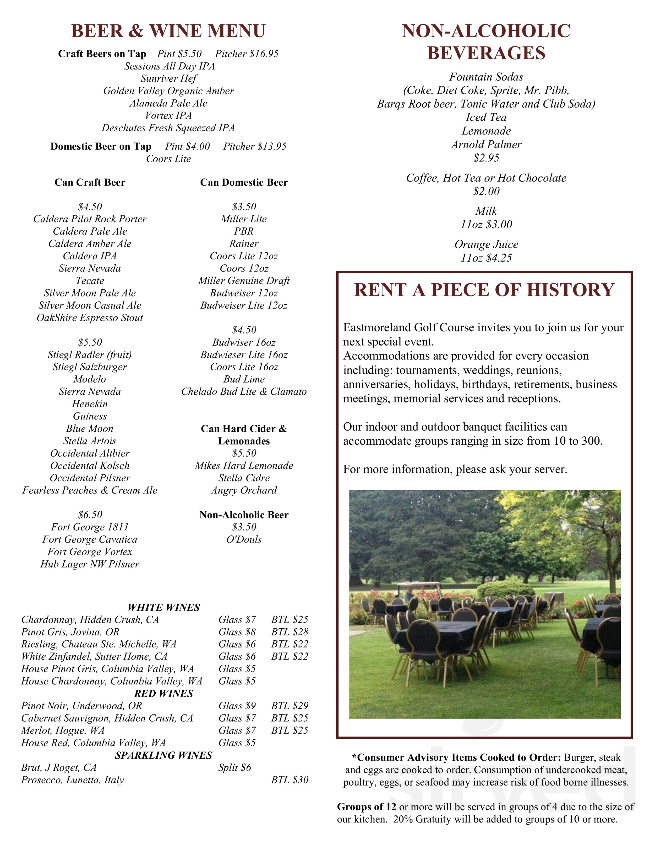 Menu for Eastmoreland Golf Course Bar & Grill in Portland, OR | Sirved