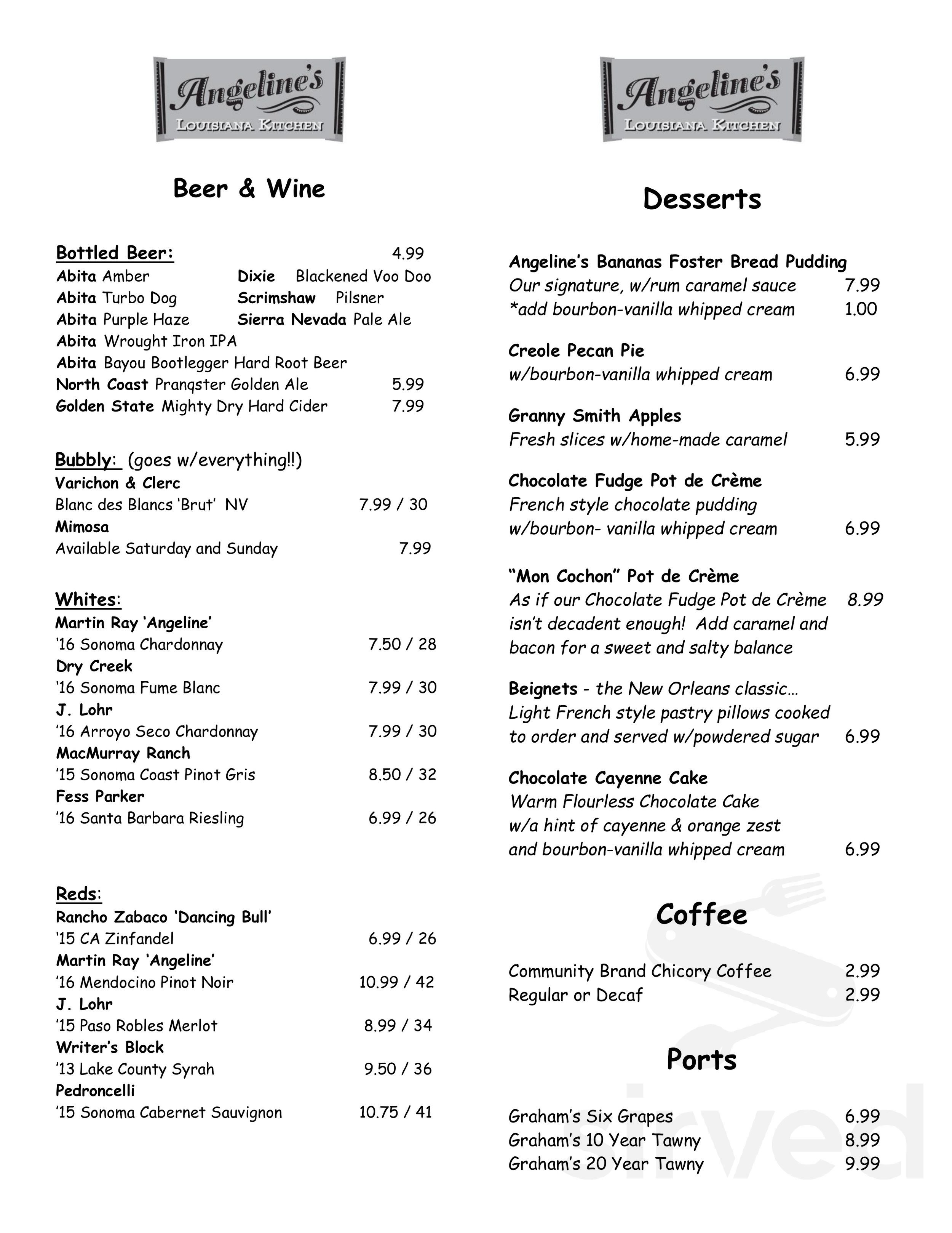 Angeline's Louisiana Kitchen menu in Berkeley, California, USA