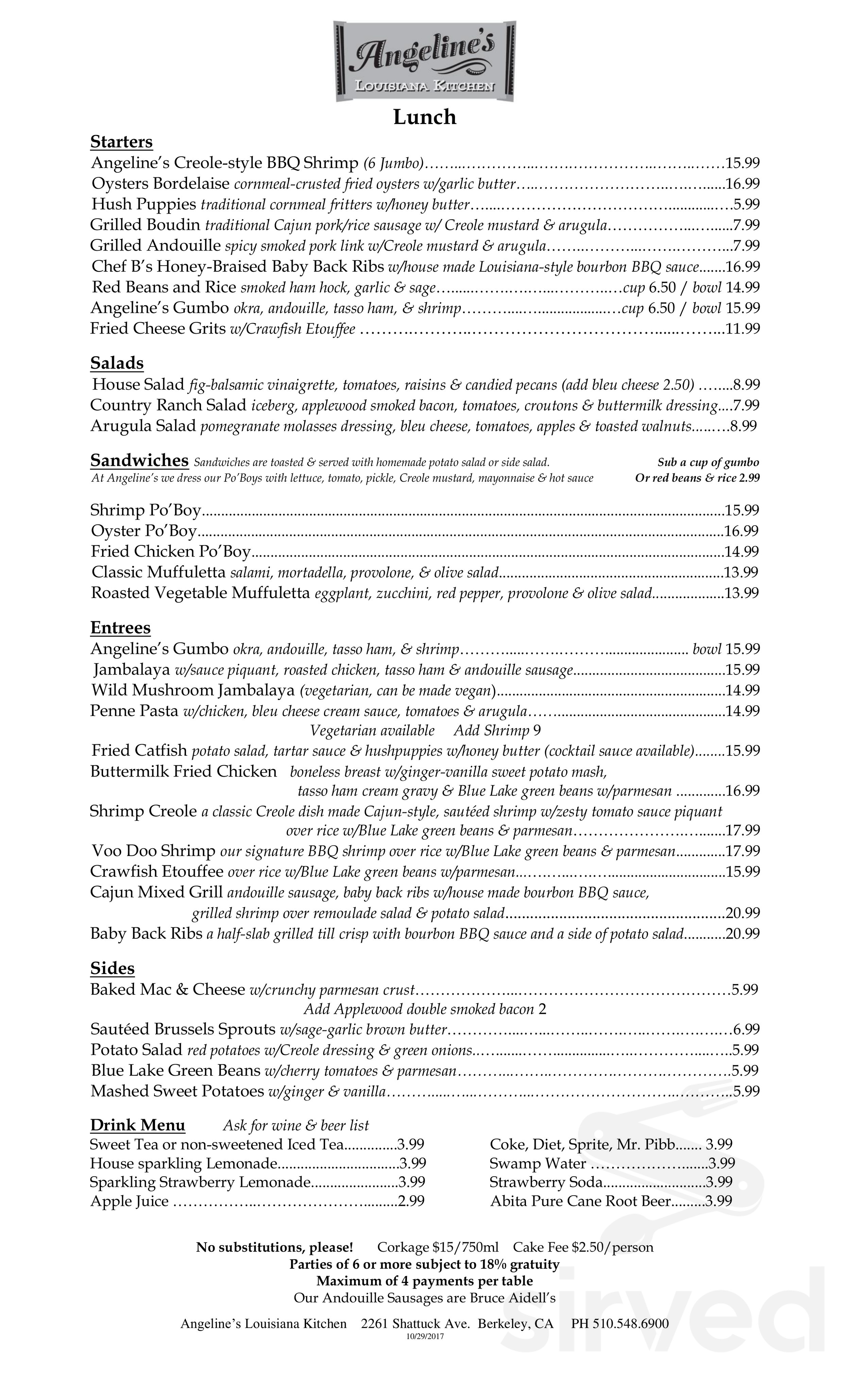 Angeline's Louisiana Kitchen menu in Berkeley, California, USA