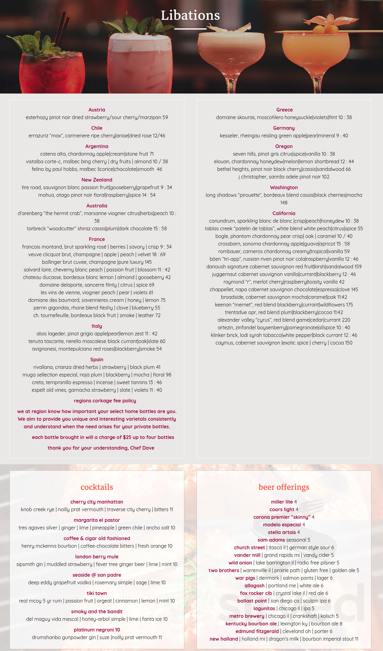 Region Kitchen and Bar menu in Barrington, Illinois, USA