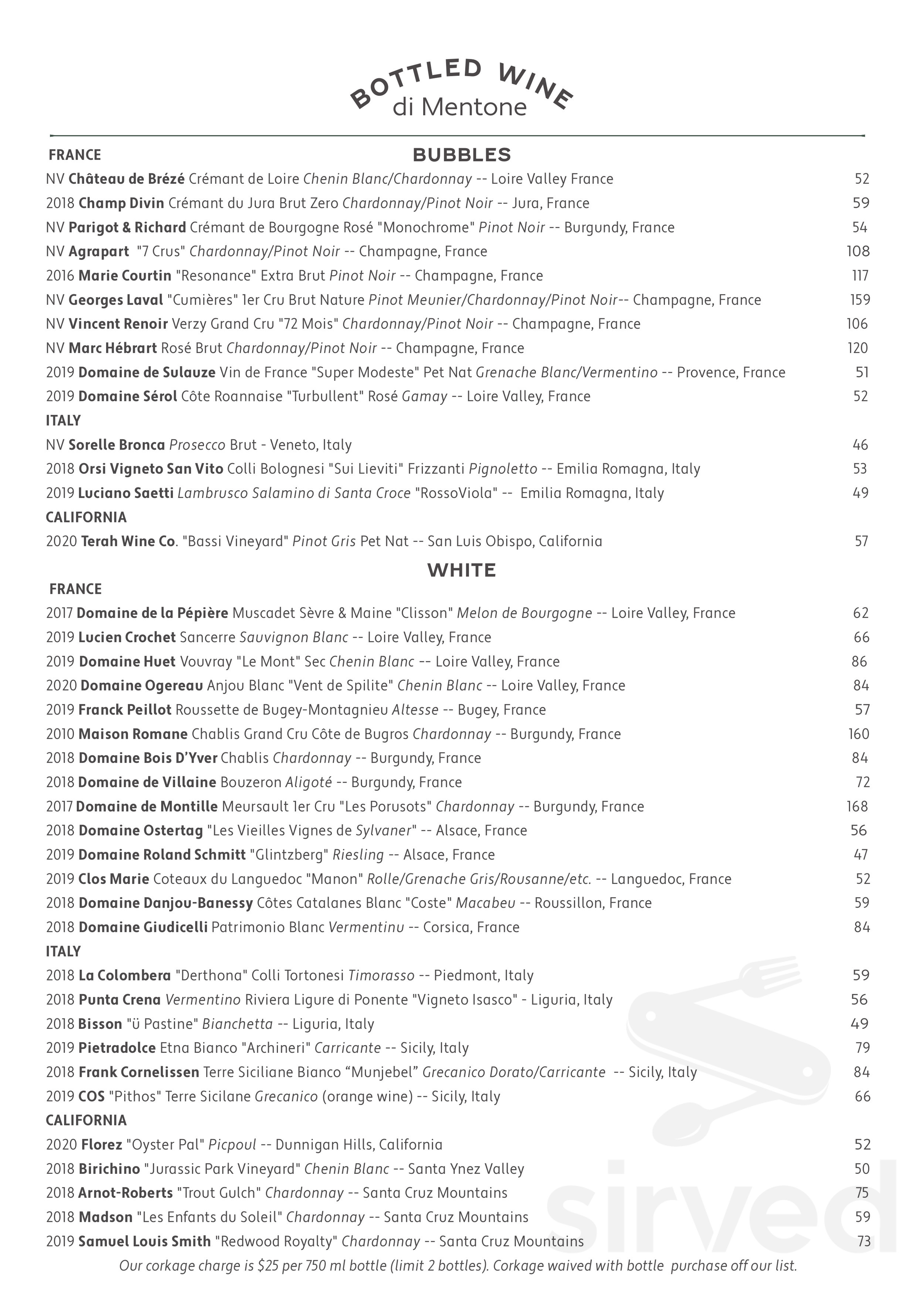 Mentone menu in Aptos, California, USA