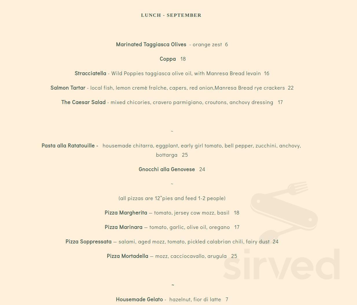 Mentone menu in Aptos, California, USA