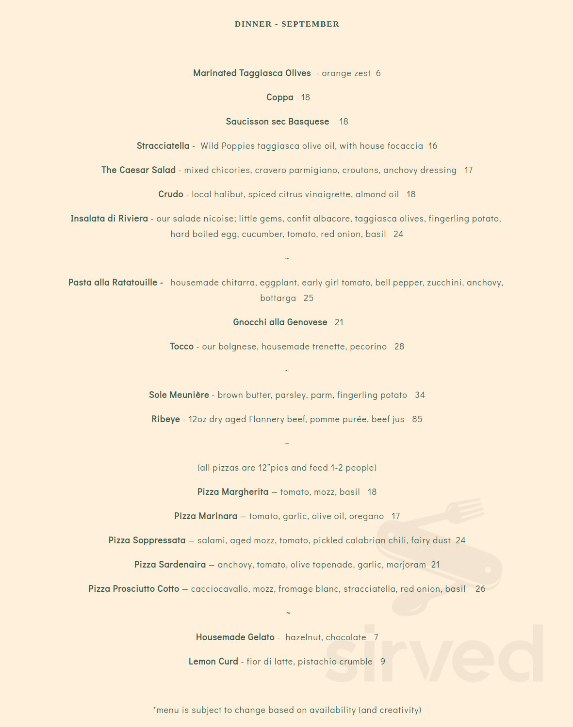 Mentone menu in Aptos, California, USA