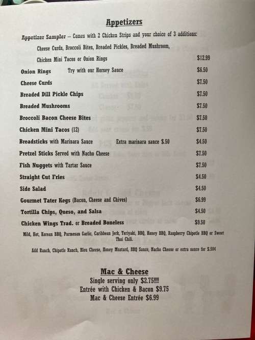 Prairie Creek Saloon menu in Norway, Iowa, USA