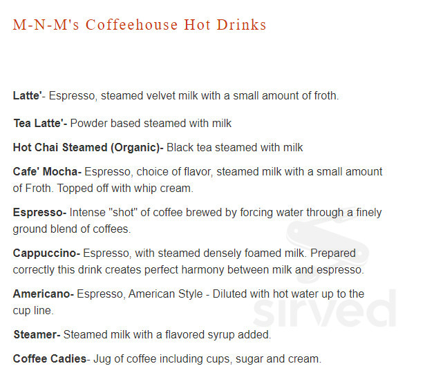 Menu - Waunakee WI's M-N-M's Coffeehouse | Sirved