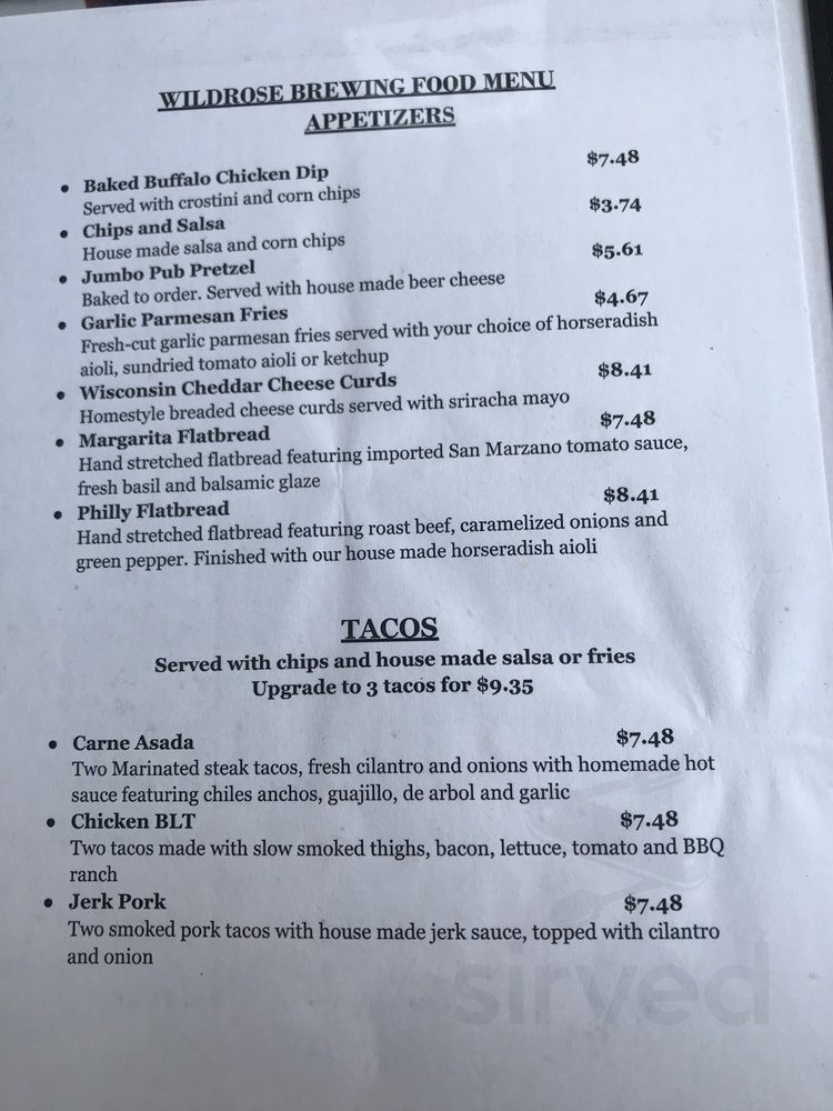 Wildrose Brewing Company menu in Griffith, Indiana, USA