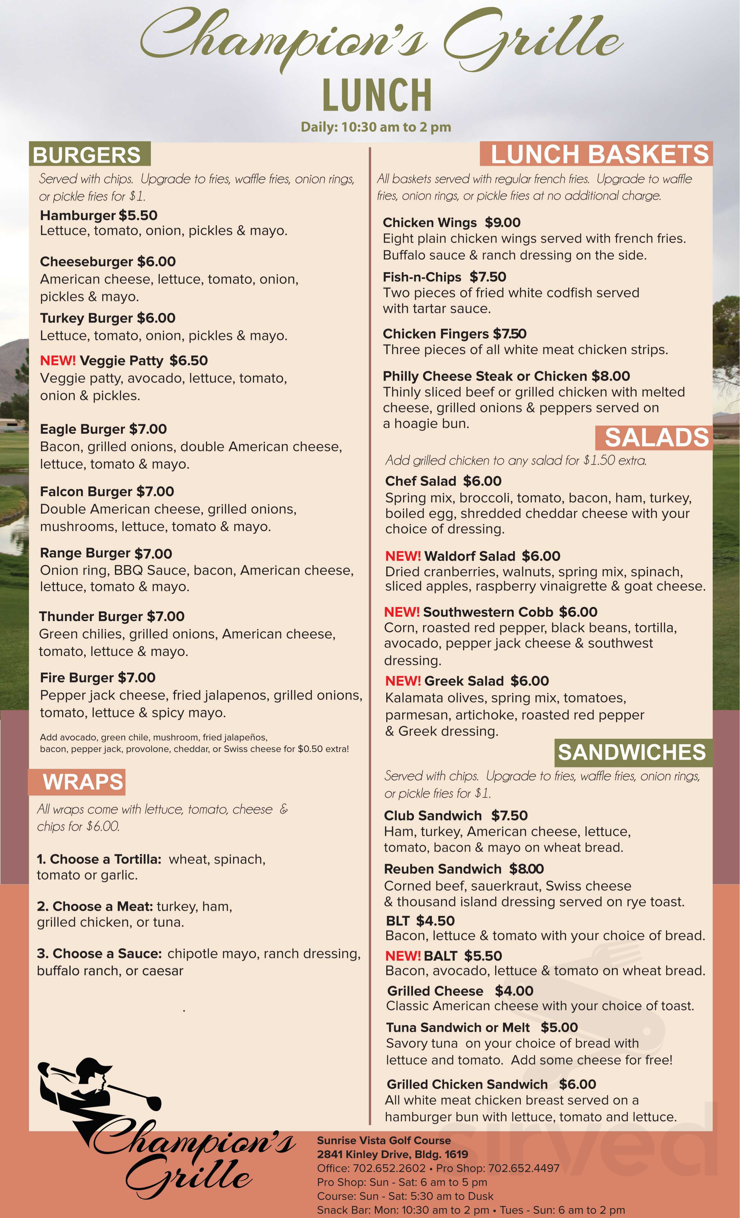 Menu for Champion's Grille at Sunrise Vista in Nellis AFB, NV | Sirved