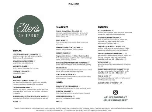 Ellen's on Front menu in Greenport, New York, USA