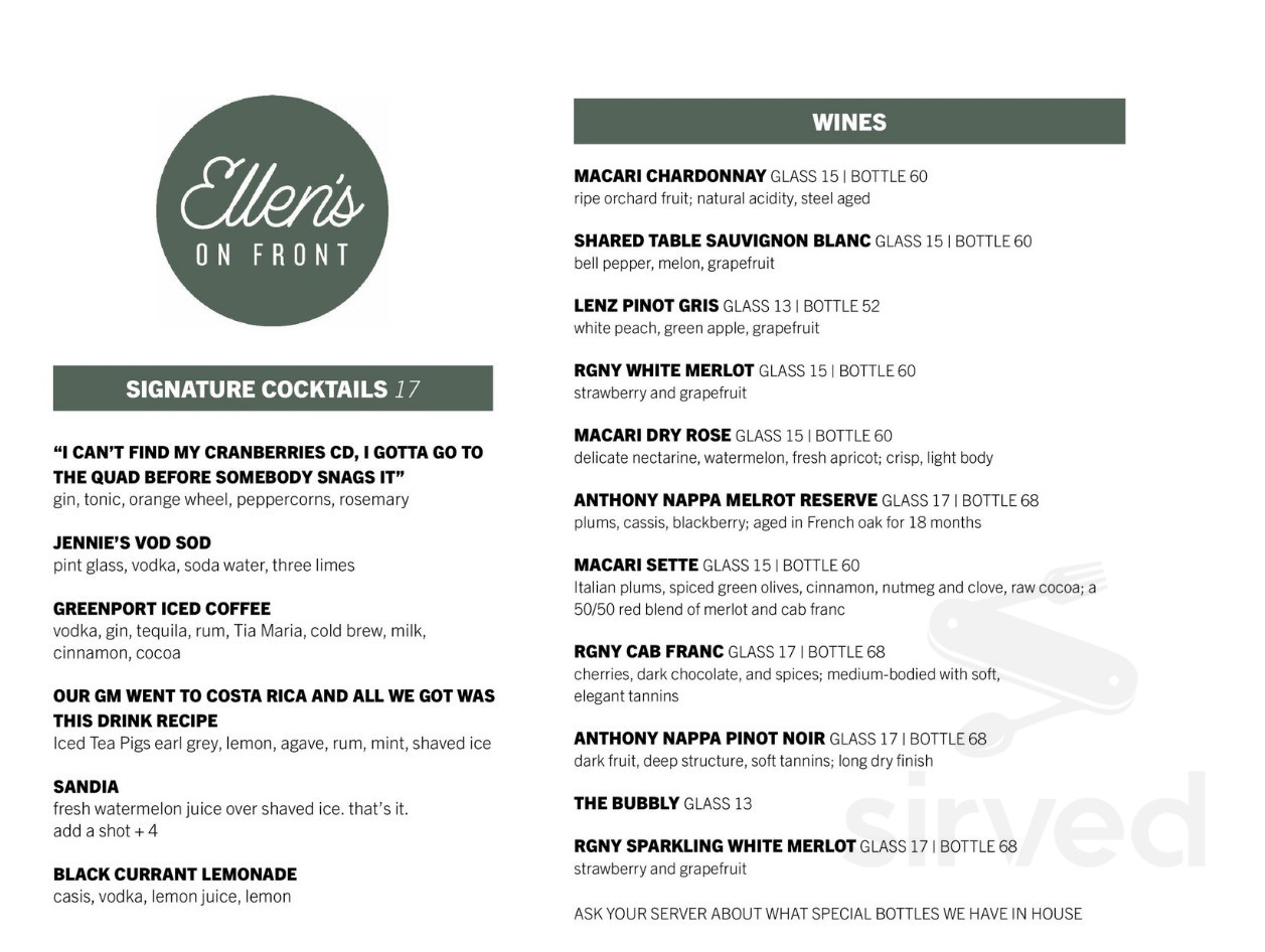 Ellen's on Front menu in Greenport, New York, USA