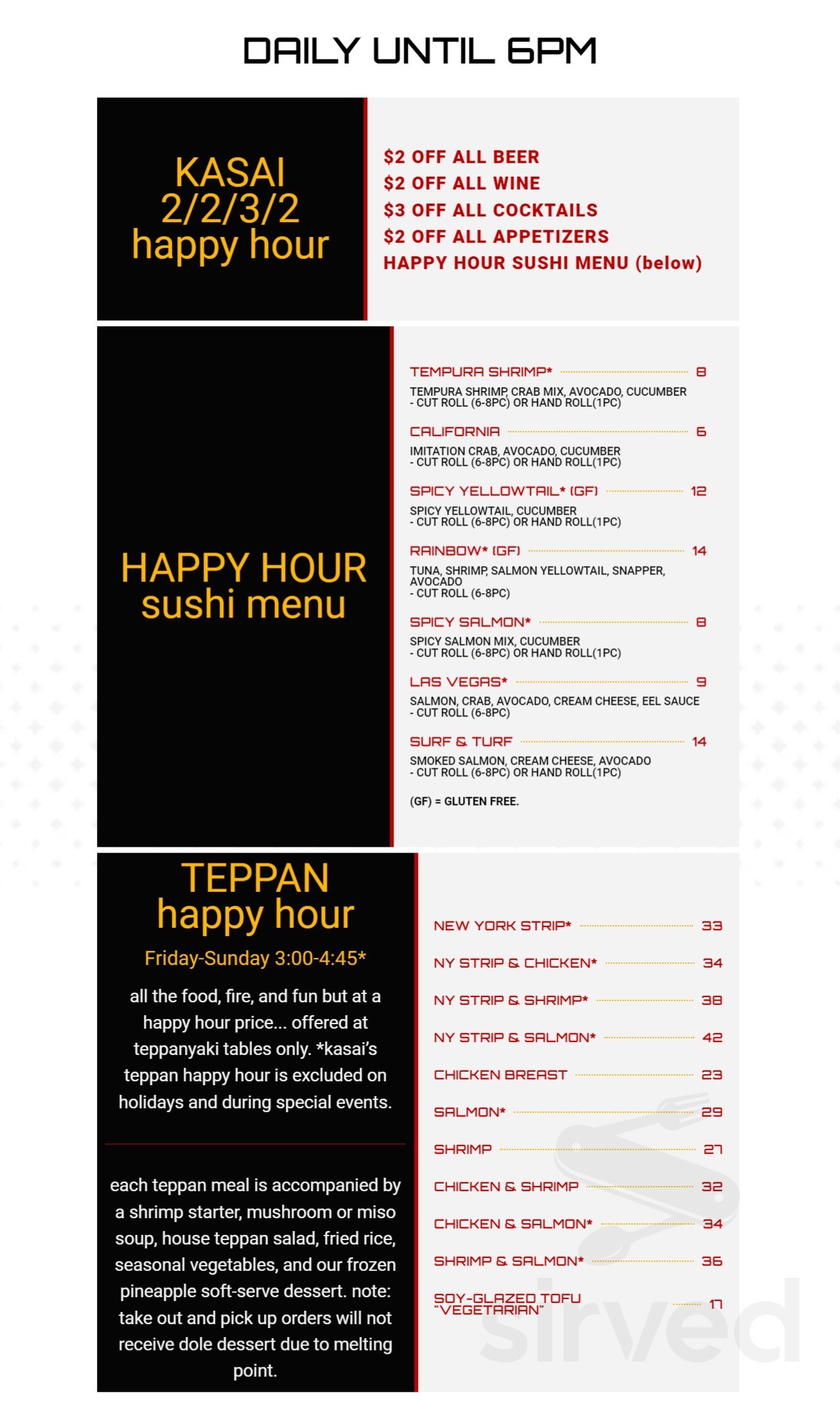 Menu for Kasai Scottsdale - Japanese Steakhouse in Scottsdale, AZ | Sirved