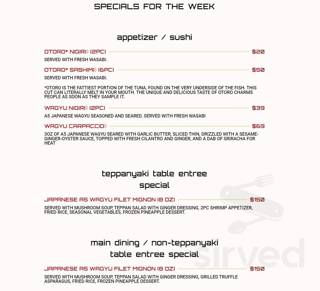 Menu for Kasai Scottsdale - Japanese Steakhouse in Scottsdale, AZ | Sirved