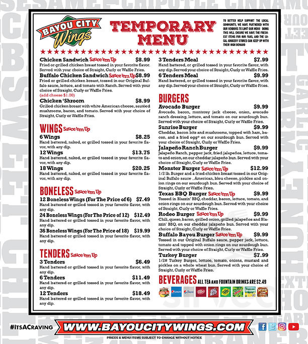 Menu - Baytown TX's Bayou City Wings | Sirved